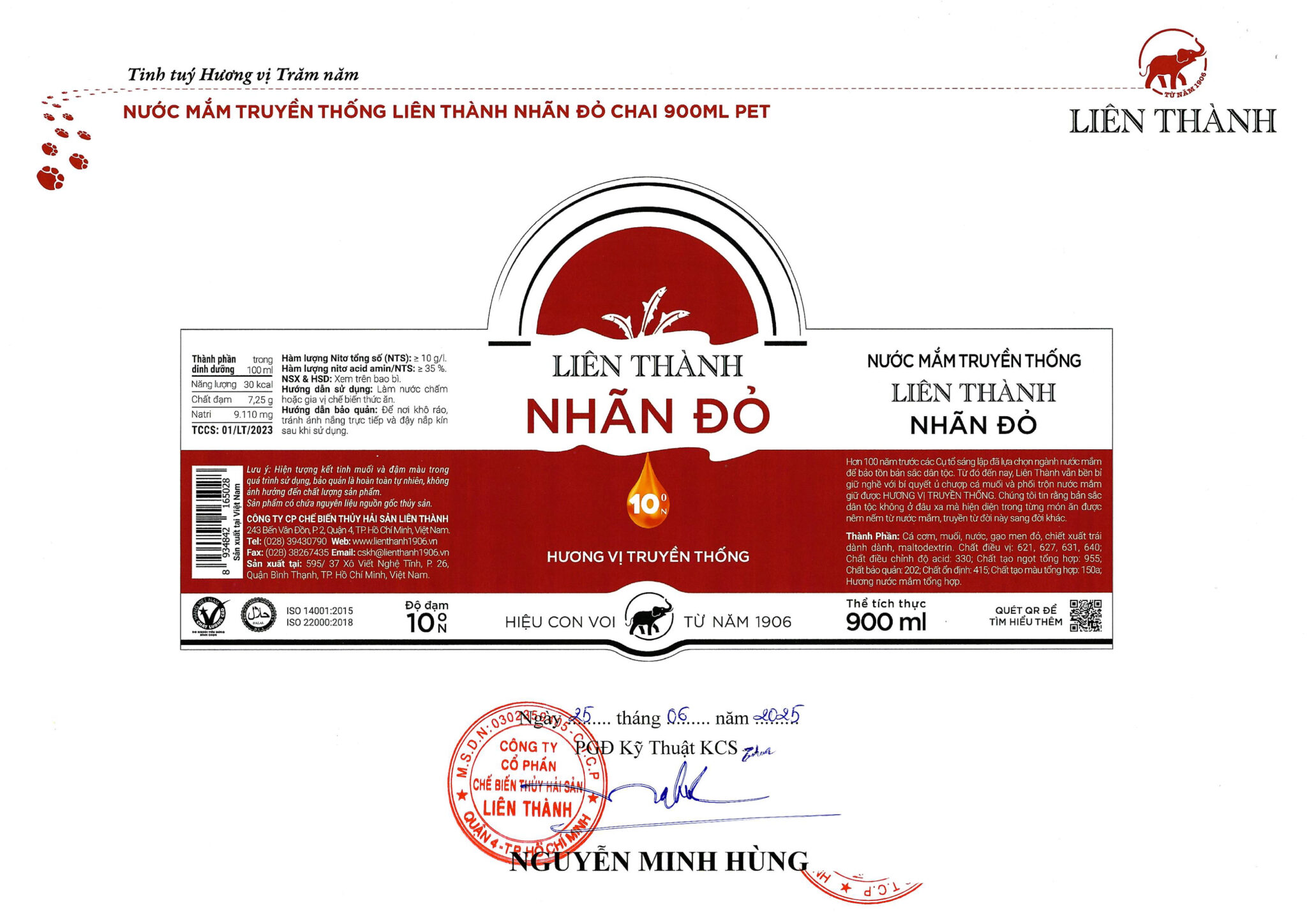 Thông báo thay đổi thiết kế nhãn sản phẩm Nước mắm Liên Thành Nhãn Đỏ 900ml - Hồ sơ tự công bố ...